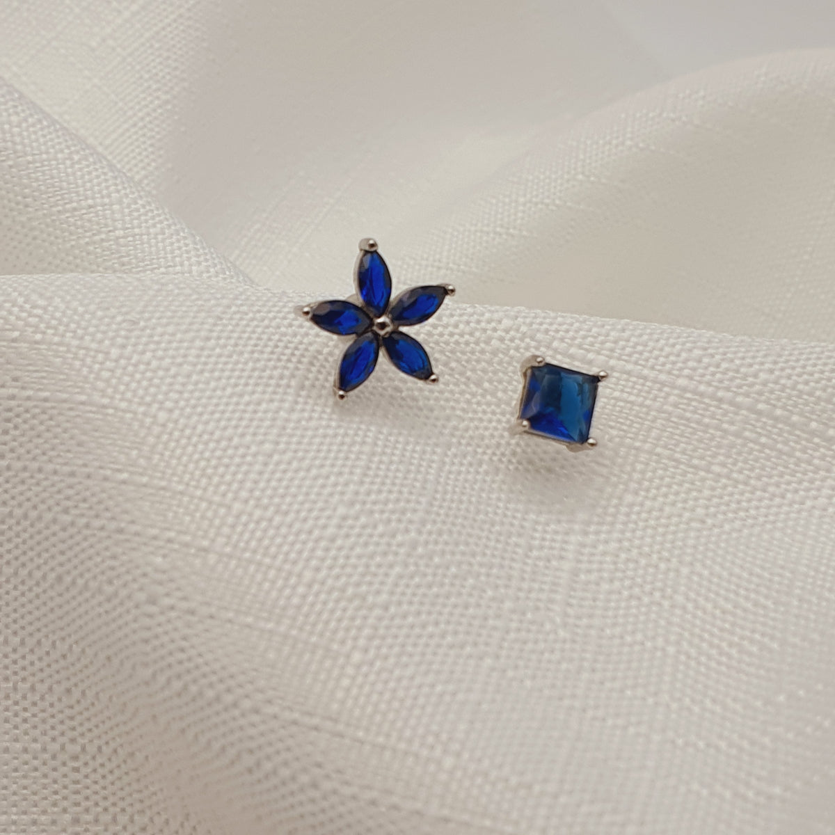 Asymmetrical Blue Crystal Stud Earrings, Sterling Silver